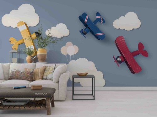 3D Cartoon Airplane Cloud Self-adhesive Removable Wallpaper Murals Wall ...