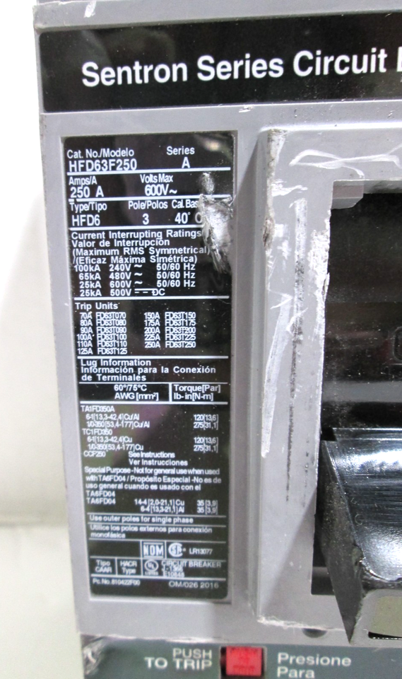 Siemens Sentron HFD63F250 250A 3-Pole Thermal Circuit Breaker NEW TAKE ...