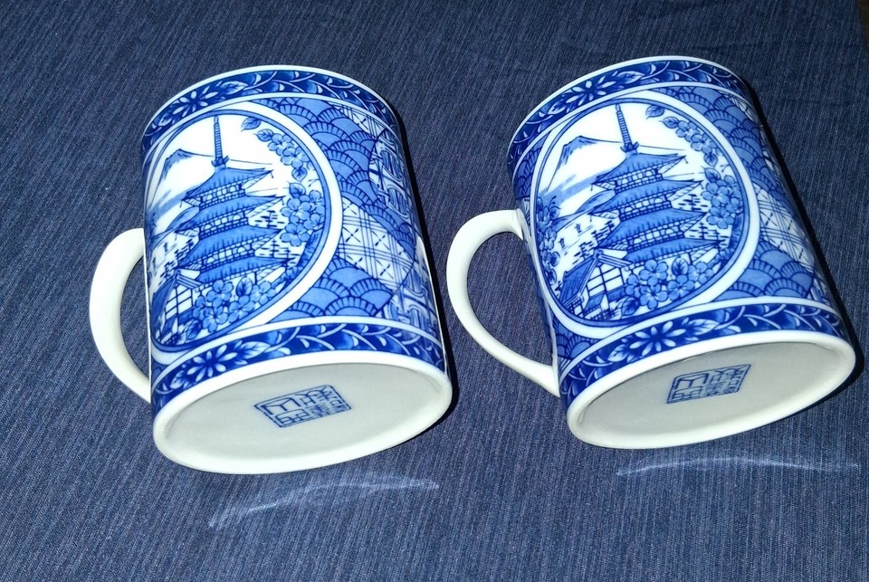 2 Vintage Mt. Fuji Blue Painted Porcelain Coffee Mugs | eBay
