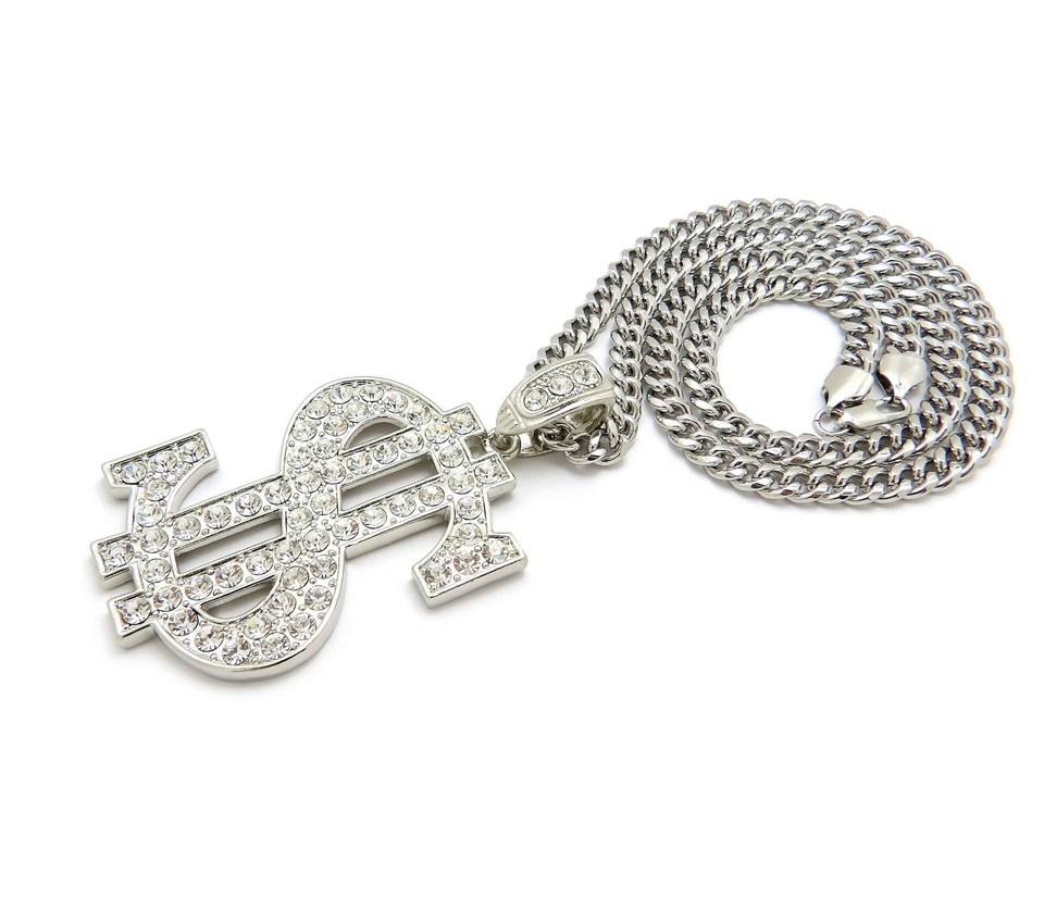 Iced Hip Hop "$" Money Sign Pendant 6mm/24", 30" Cuban Chain Necklace ...