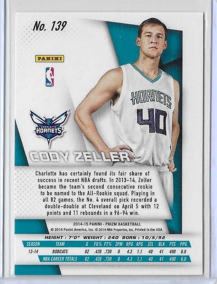2014-15 Panini Prizm Basketball Cody Zeller Card #139 Charlotte Hornets ...