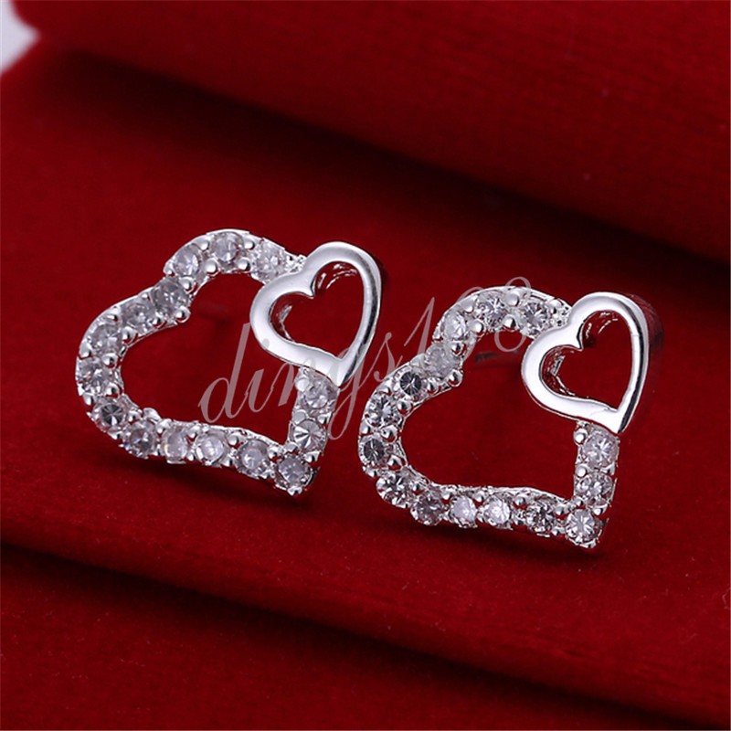 Designer Inspired 925 Sterling Silver 2-Hearts Crystal Stud Post ...