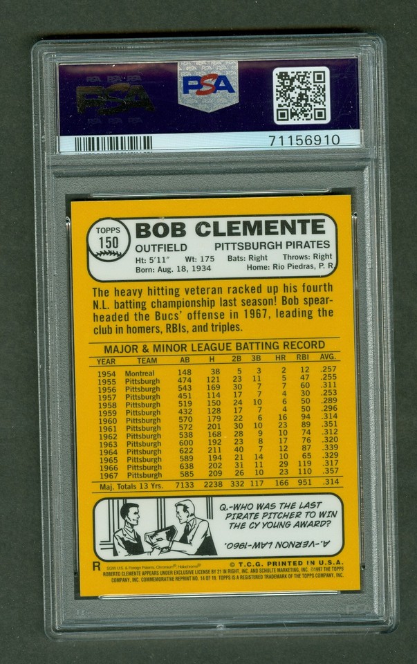 Roberto Clemente 1998 Finest Reprints #14 1968 Topps Refractor WO ...