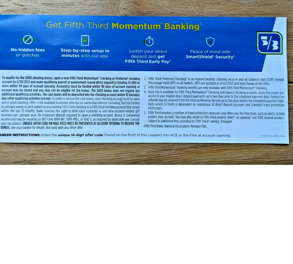 Fifth Third Bank $600 Exp 6/30 w/NEW Checking Account + $5k DD BONUS ...