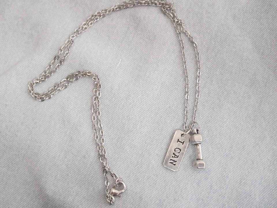 SILVER TONE CROSSFIT GYM WEIGHT LIFTING BARBELL 'I CAN' tag Cable CHAIN ...