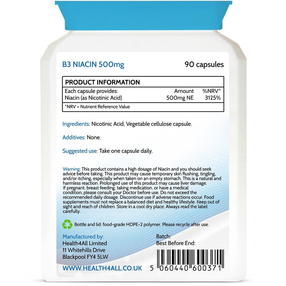 Vitamin B3 Niacin (Flush) Nicotinic Acid 500mg Capsules | Cholesterol ...