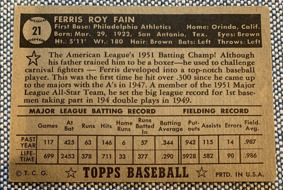 Ferris FAIN 1952 Topps Baseball #21 Black Back VG/EX Philadelphia ...