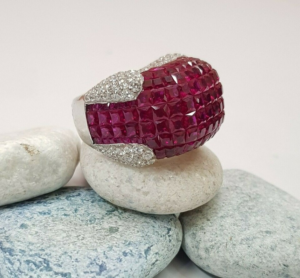 Lab Ruby Invisible Set Engagement Ring 925 Sterling Silver Handmade ...