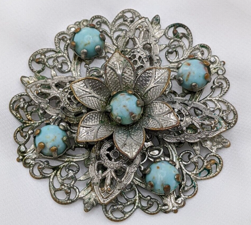 Vintage Flower Brooch Pin Robins Egg Blue Cabochon Layered Open ...