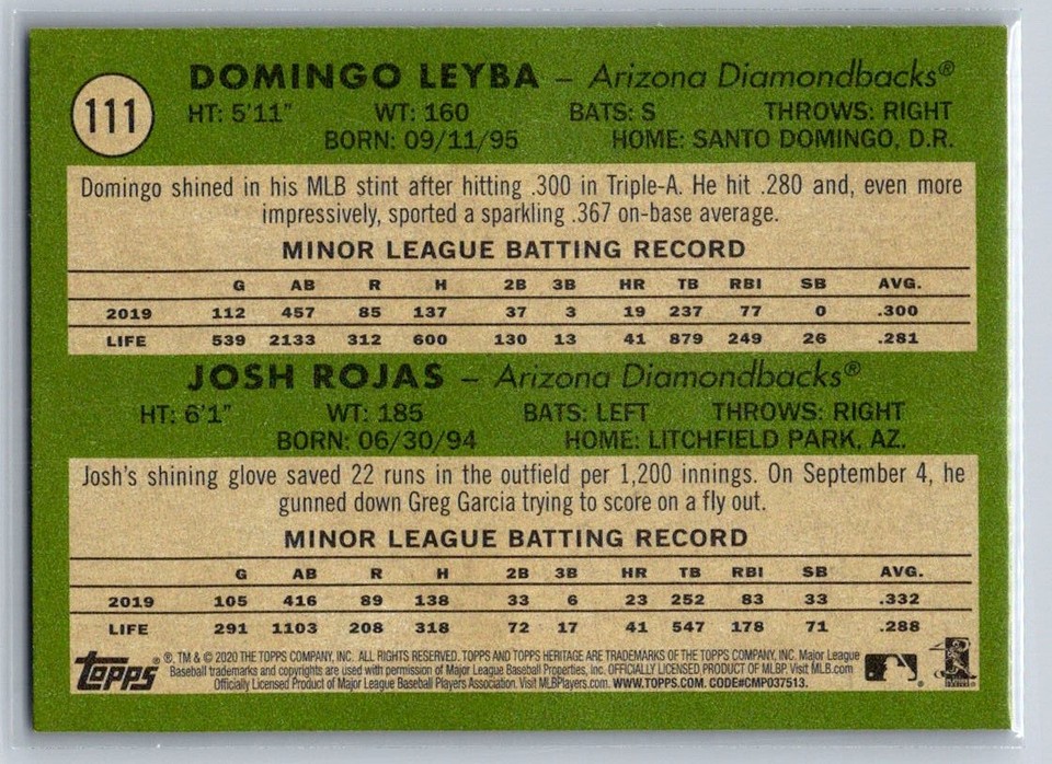 Stars Domingo Leyba / Josh Rojas 2020 Topps Heritage AZ Diamondbacks ...
