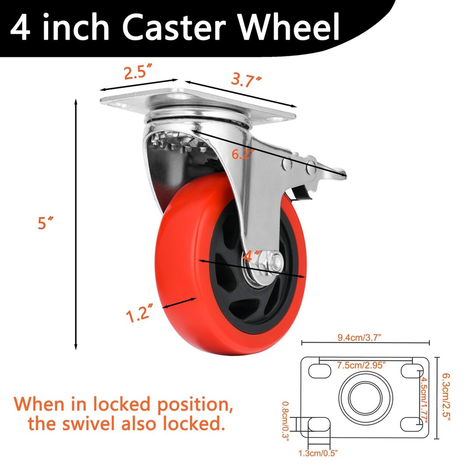 4 Inch Heavy Duty Polyurethane Castors, Safety Dual Locking Plate ...
