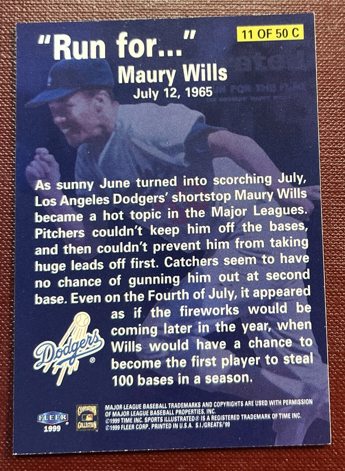 Maury Wills 1999 Fleer Sports Illustrated Classic Cover Card #11, NM-MT ...