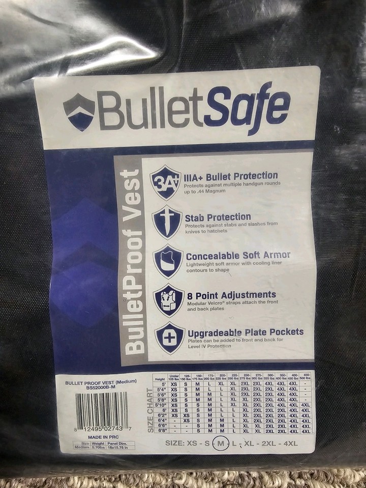 Bullet Safe Level IIIA+ Concealable Body Armor Vest -Medium (see size ...