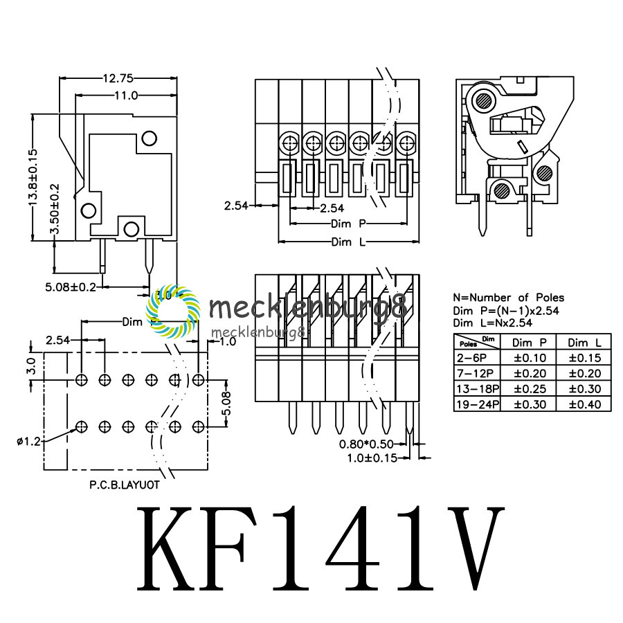 KF141V 2.54mm PCB Mounted Spring Screless Terminal Blocks Connector 2 ...