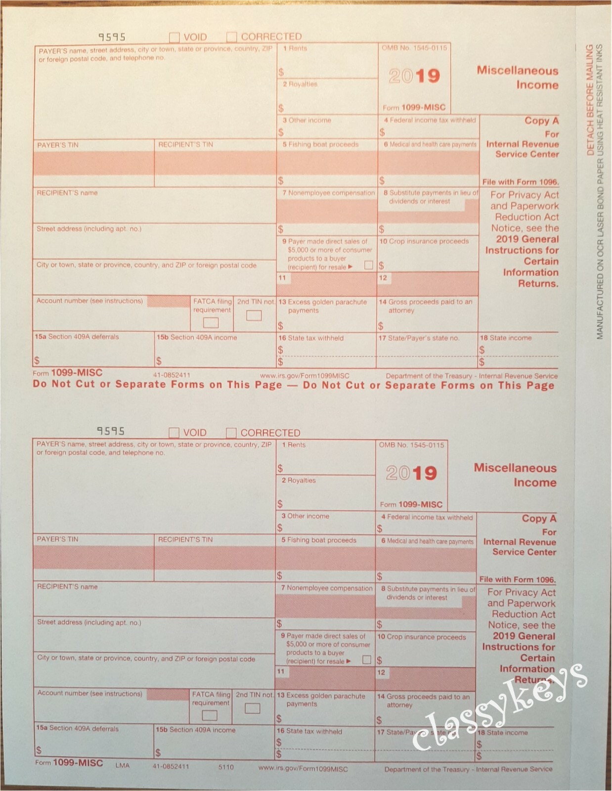2019 IRS Tax Form 1099-MISC Laser 25 recipients+(3)1096 #TF6103 4-pt ...