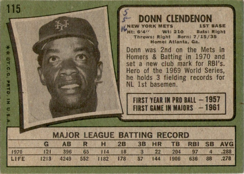 1971 TOPPS DONN CLENDENON NEW YORK METS #115 EXMT - PEN BACK | eBay