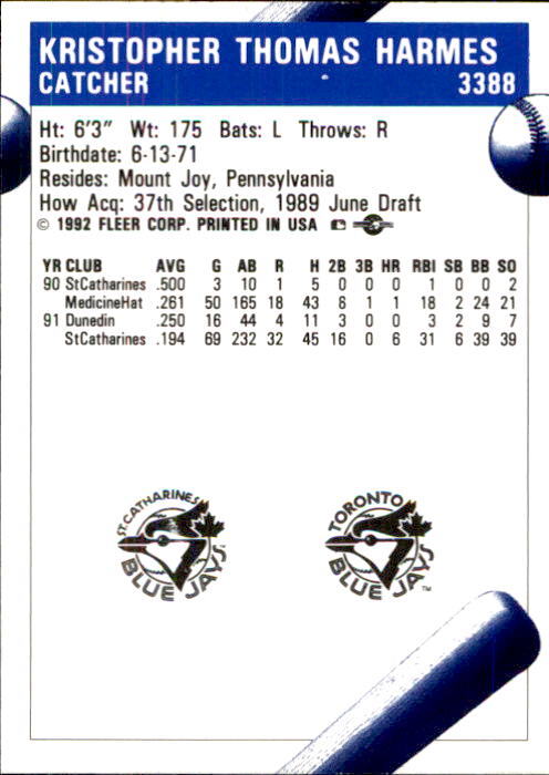 1992 St. Catharines Blue Jays Fleer/ProCards #3388 Kris Harmes Mount ...