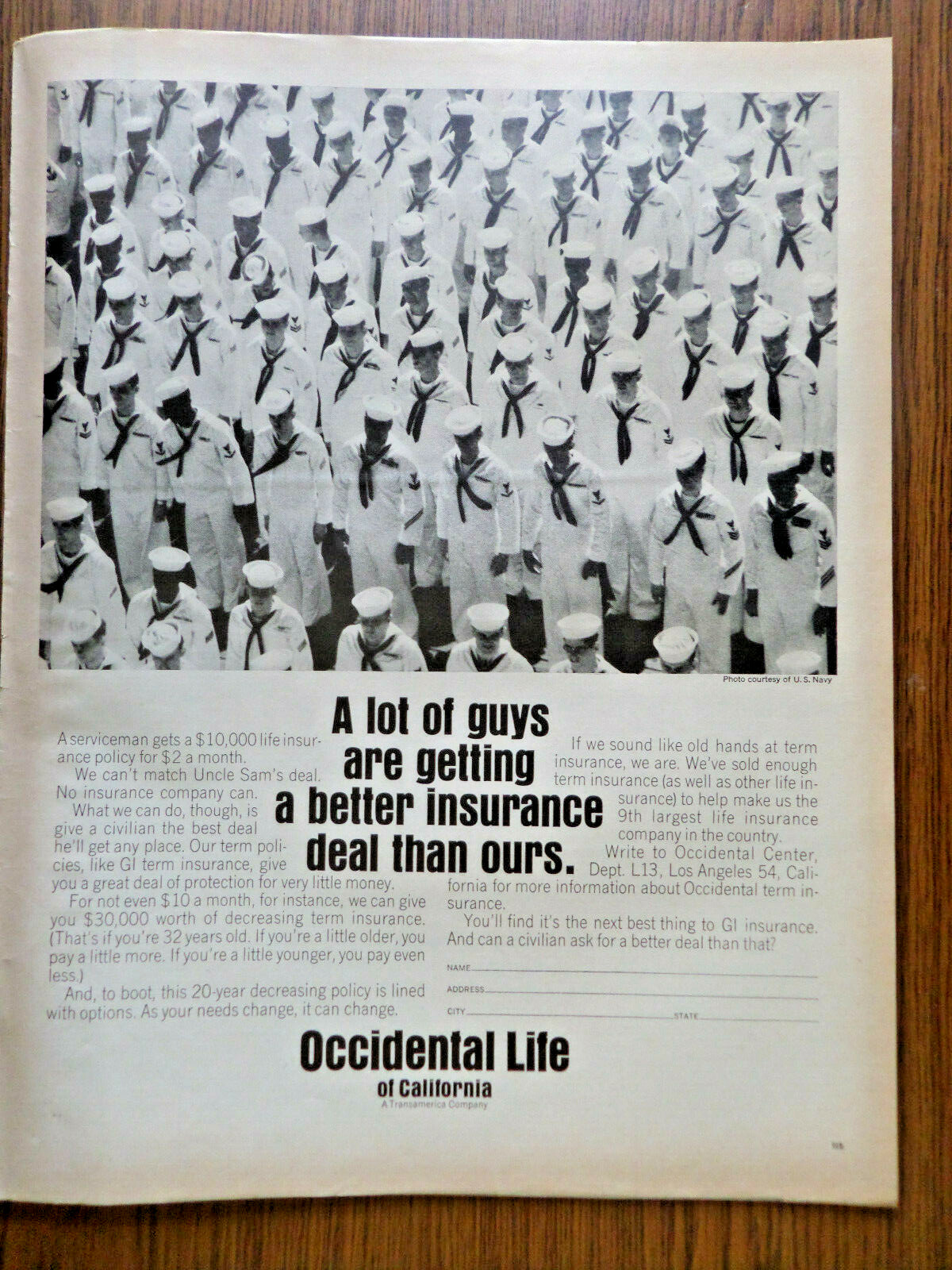1966 Occidental Life Insurance A Transamerica Co Ad Serviceman U. S ...