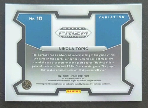 2024 Panini Prizm Draft Picks Nikola Topic RC Variation Base #10 | eBay