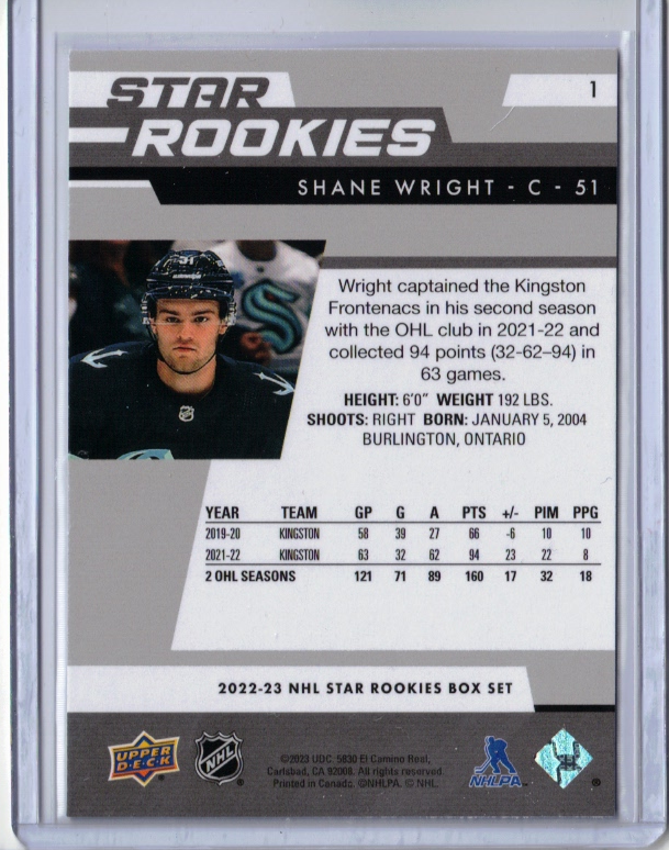 SHANE WRIGHT 22/23 Upper Deck Star Rookies Box Rookie Seattle Kraken ...