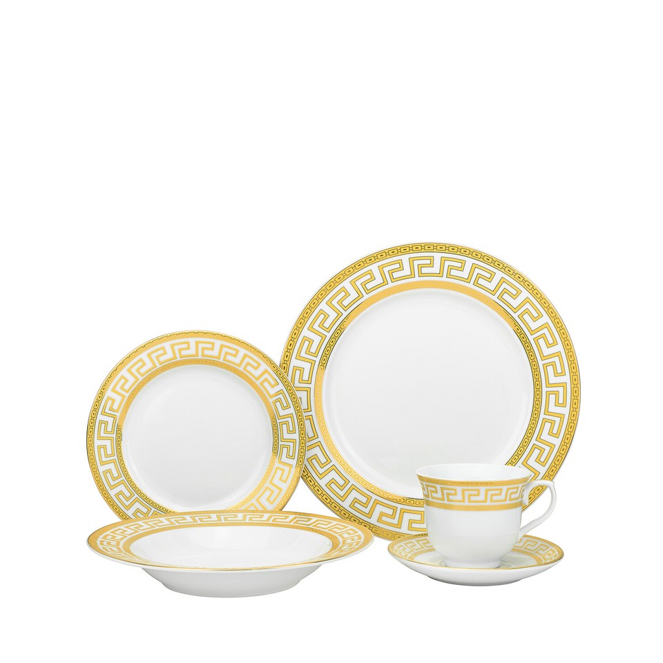 20 Piece Athena Gold Greek Key Bone China Dinner Serving Dish Set for 4 ...