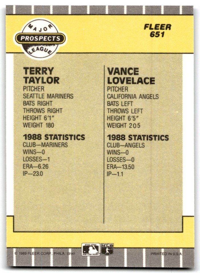 1989 Fleer Terry Taylor/Vance Lovelace Rookie Seattle Mariners ...