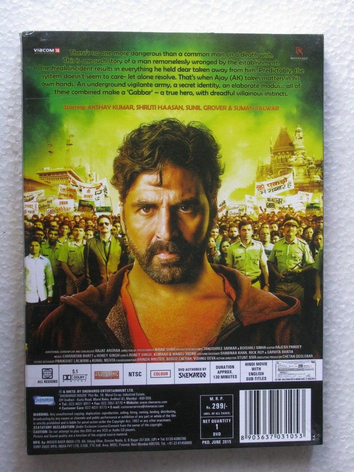 GABBAR - DVD - AKSHAY KUMAR - Shruti Haasan - BRAND NEW - BOLLYWOOD ...