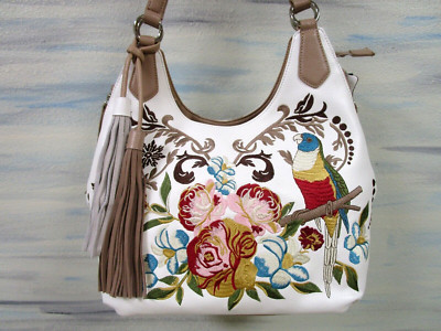 Sharif White Leather Shoulder Bag Floral Parrot Embroidery Tassel Purse ...