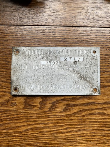 Willys Overland Jeep Data Plate Serial # 2717-Whippet 6 Motor Truck | eBay