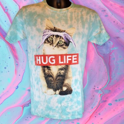 DOM Womens Blue Hug Life Cat Short Sleeve T-Shirt Size Small Tye Dye | eBay