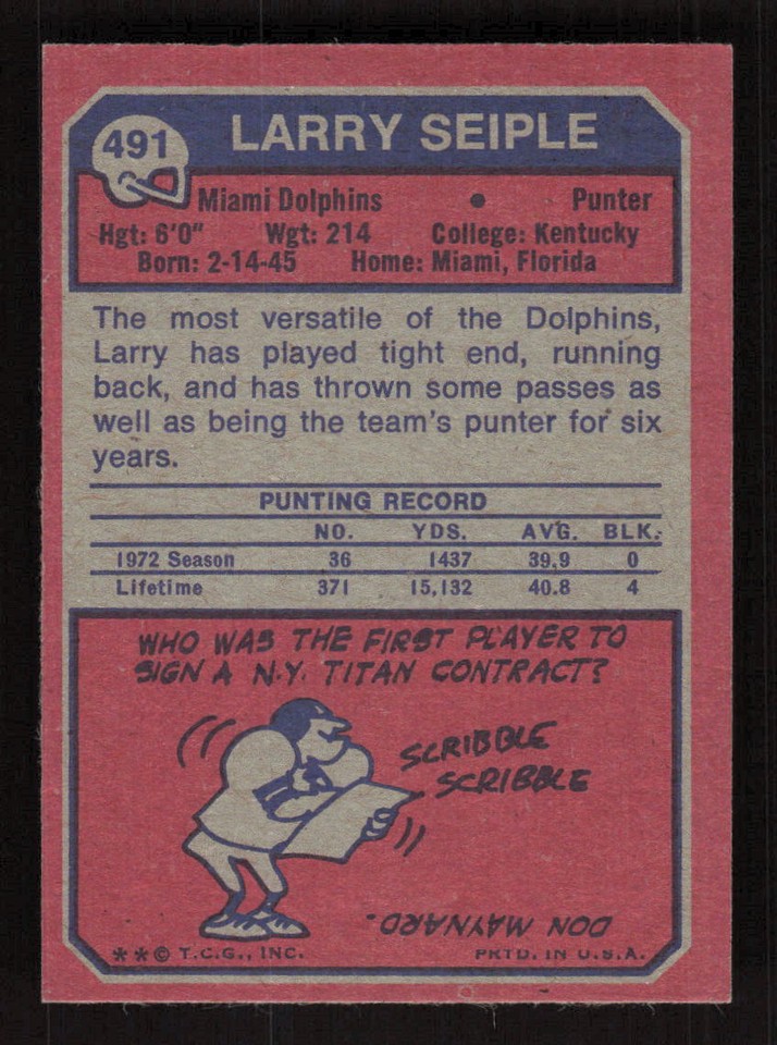 1973 Topps Set-Break #491 Larry Seiple Miami Dolphins | eBay