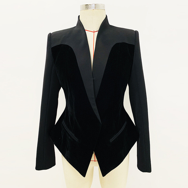 European Style Slim Fit Women's Black Velvet Splicing Blazer Suit Short ...