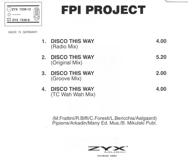 FPI PROJECT Disco This Way 4x CD Single 1994 Germany ZYX 7239-8 TC | eBay