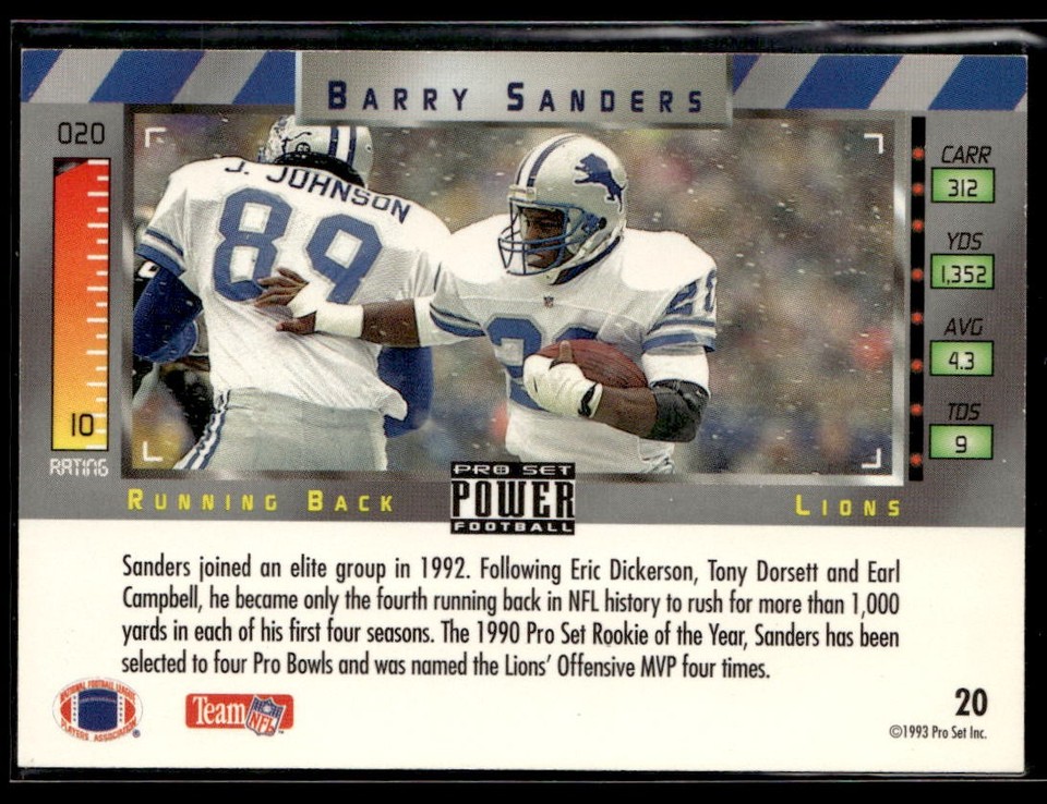 1993 Pro Set Power #20 Barry Sanders Lions Football Card 3602K | eBay UK