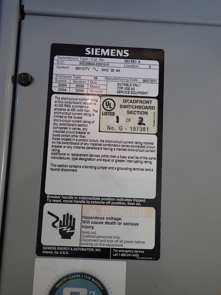 Siemens 3000 amp Switchgear Panelboard 480v 3 Phase GFI WLL2F330 LSIG 2 ...