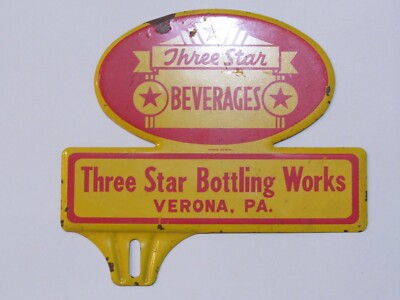 VINTAGE THREE STAR BEVERAGES VERONA PA LICENSE PLATE TOPPER ORIGINAL ...
