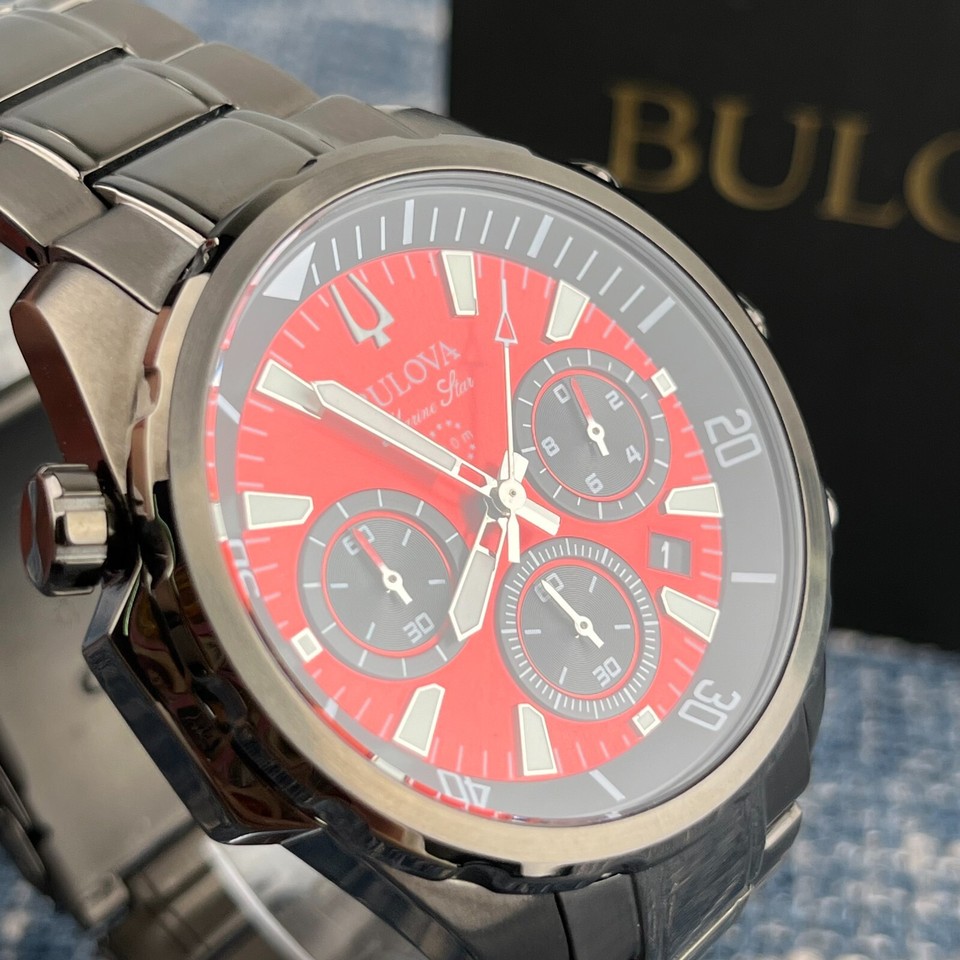 Bulova Marine Star 98B350 Red Dial Gray Stainless Steel Chronograph Men ...