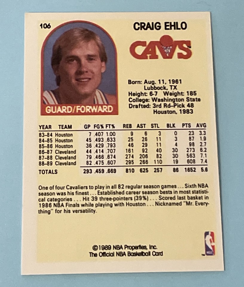 1989-90 NBA Hoops Basketball Craig Ehlo RC #106 Cleveland Cavaliers ...