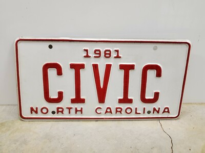 Vintage 1981 North Carolina Vanity License Plate "CIVIC" HONDA | eBay