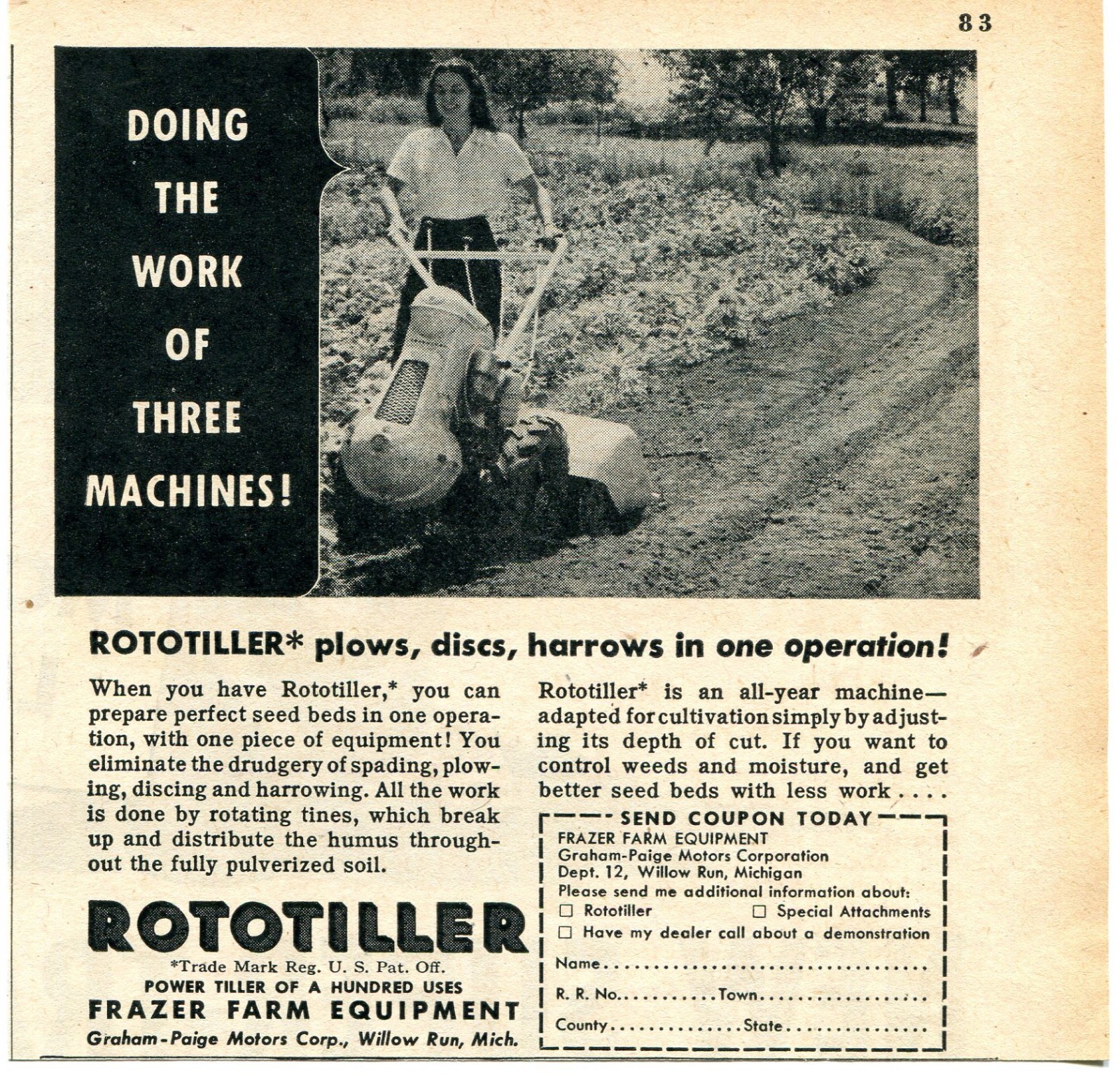 1947 small Print Ad of Frazer Farm Equipment Rototiller Cultivator ...