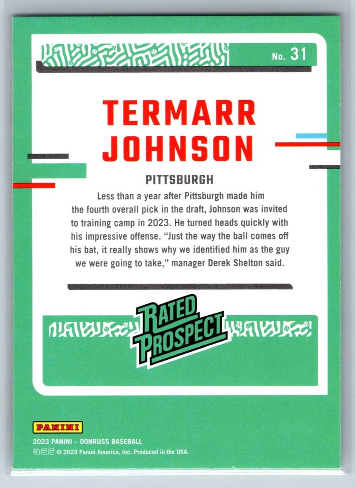 2023 Donruss Termarr Johnson Rookie Rated Prospect Pittsburgh Pirates ...