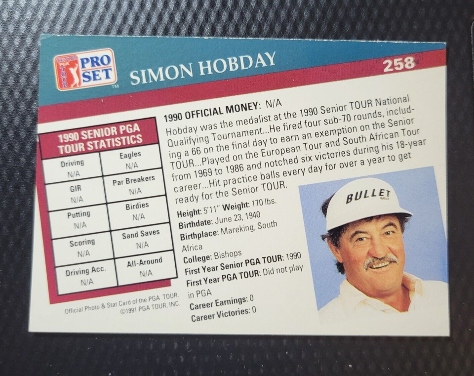 1991 Pro Set Official SENIOR PGA Tour SIMON HOBDAY 1990 ROOKIE Card ...