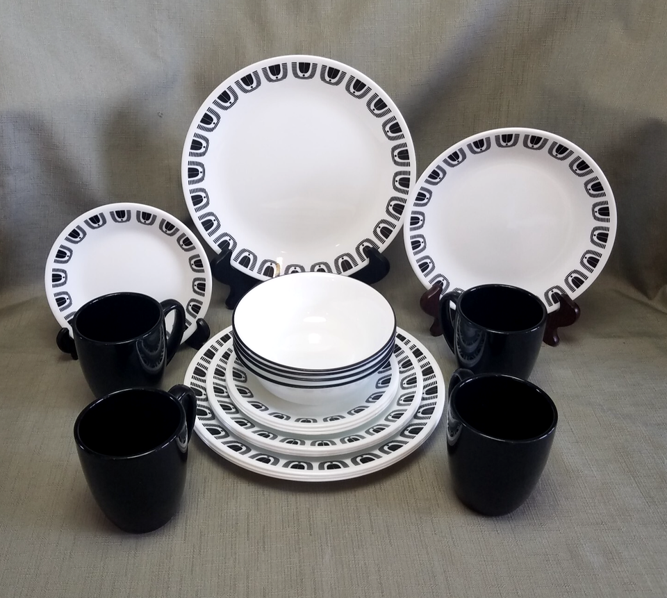 20-CORELLE Black Night Dinner, Salad, Bread Plate, Cereal Bowls & Mugs ...