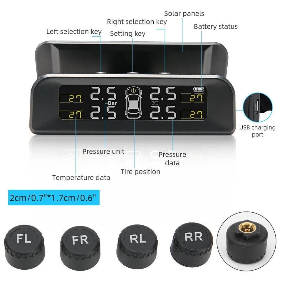 Solar Wireless TPMS Car Tire Tyre Pressure Monitor System Monitoring ...