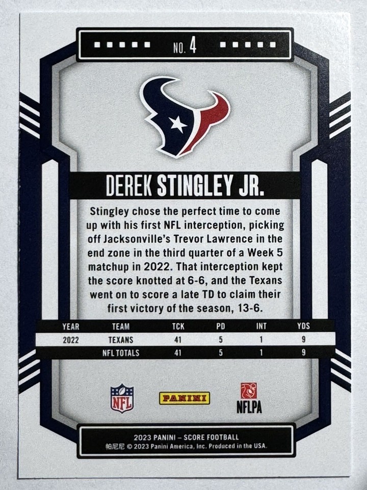 DEREK STINGLEY JR Houston Texans 2023 Panini Score Football Card #4 | eBay