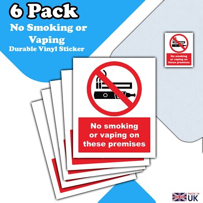 No Smoking No Vaping on Premises Waterproof Vinyl Sticker Sign 6 PACK ...