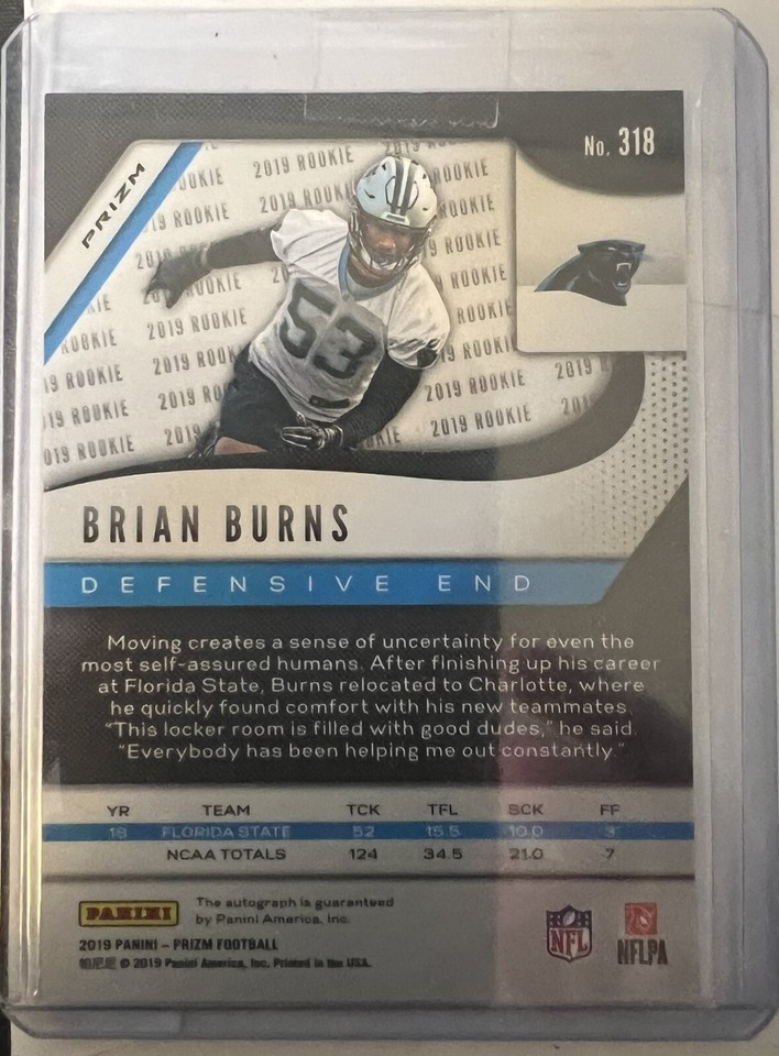Brian Burns 2019 Panini Prizm #318 Rookie Silver Prizm Autograph Giants ...