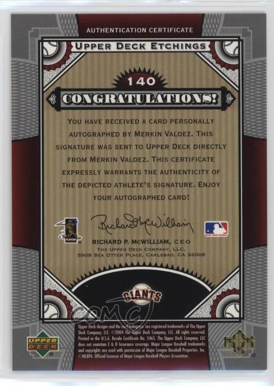 2004 Upper Deck Etchings Future Blue Ink /200 Merkin Valdez #140 Rookie ...