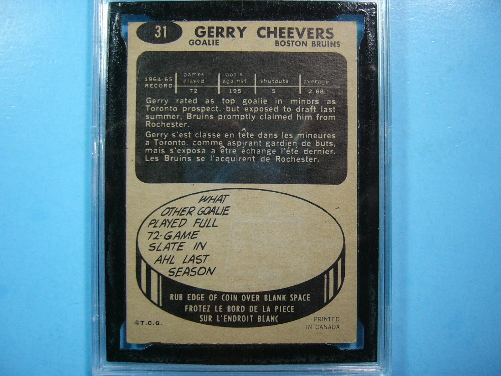 1965/66 TOPPS NHL HOCKEY CARD #31 GERRY CHEEVERS ROOKIE RC KSA 7.5 NM+ ...