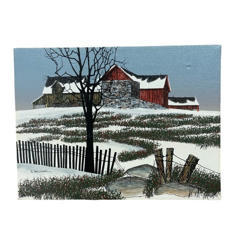 H Hargrove 1982 Signed Canvas Painting Winter Barn Art Unframed 12" x ...